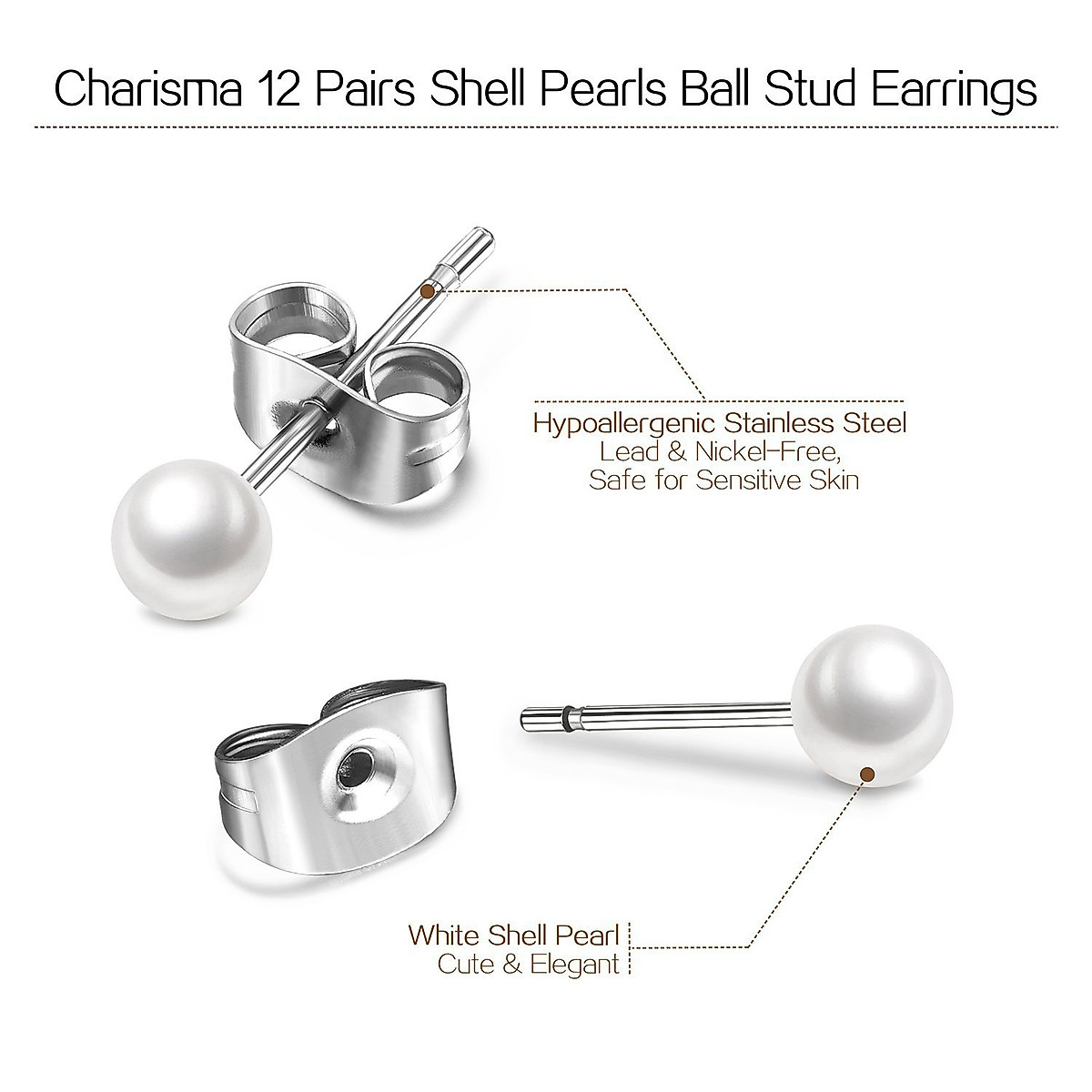 Charisma 5mm Composite Pearl Earrings Round Ball Pearls Stud Earrings Hypoallergenic 12 Pairs Imitation Pearl Earrings Set for Women