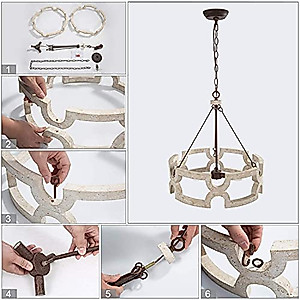 LALUZ Farmhouse Chandelier, Wood Drum Chandelier for Kitchen Island, Foyer, Dining Room, Distressed White, 3-Light, 19.5" Dia