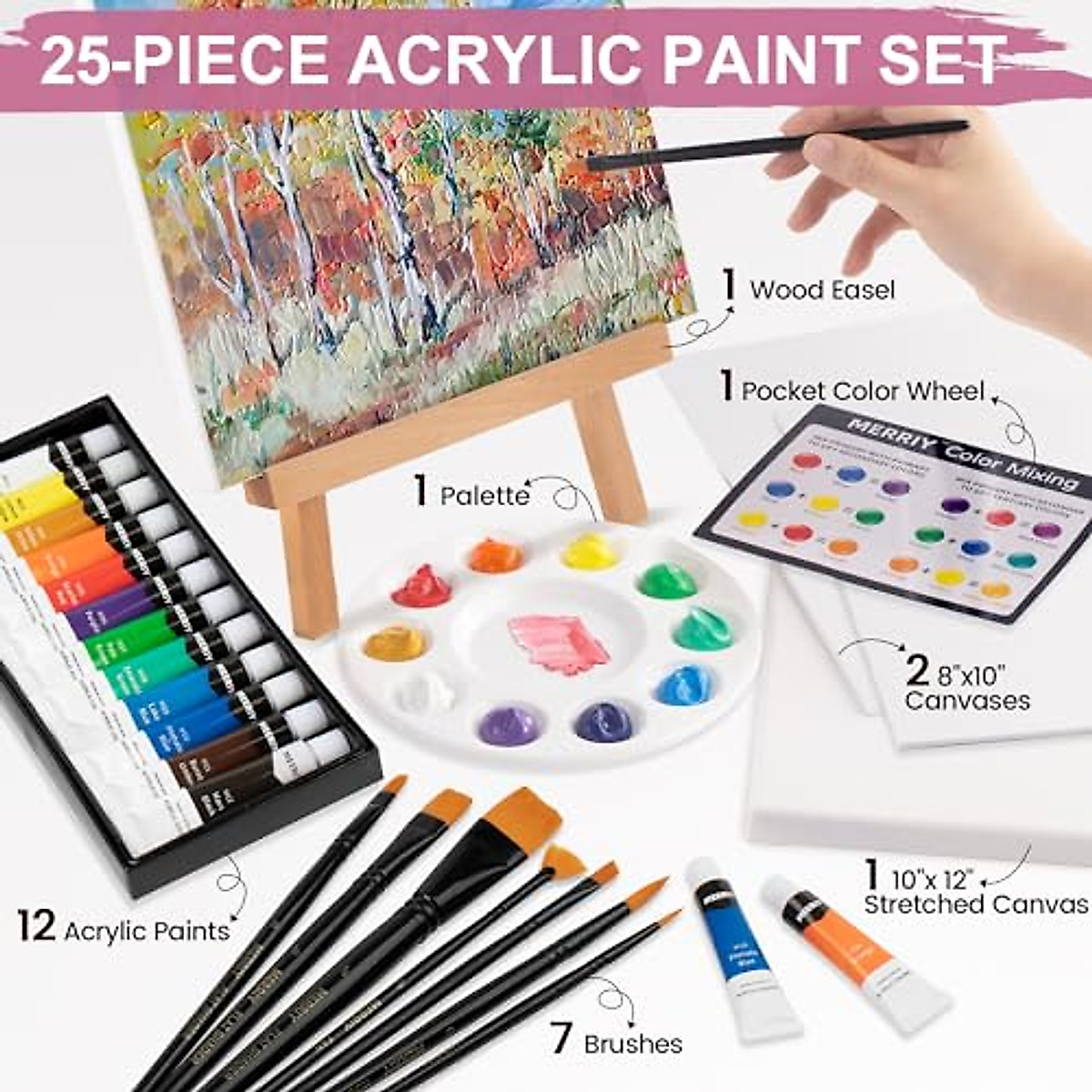 MERRIY Art Paint Set, Painting Supplies Kit with Tabletop Easel, 12 Colors Acrylic Paints,10"x 12" Stretched Canvas, Paint Brush Set, Premium Acrylic Paint Set for Adults Artists& Beginners, Age 15+