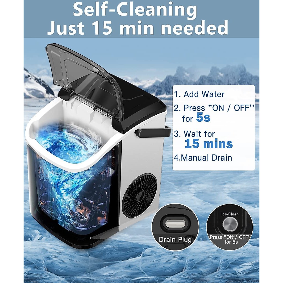 Kndko Nugget Ice Maker Countertop,33lbs/Day, Pellet ice Maker,a Basket in 1.5 Hour, Self-Cleaning, One-Click Design, Compact Crushed Ice Maker with Chewy Ice for Home Bar Party，Silver