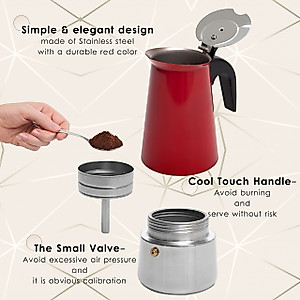 Mixpresso Stovetop Espresso Coffee Maker 15oz/9 Espresso Cup, Moka Coffee Pot with Coffee Percolator Design, Stainless Steel Stovetop Espresso Maker, Italian Coffee Maker, Red Coffee Maker