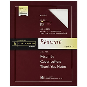 Southworth 100% Cotton Resume Paper, White, 24 lbs, Wove, 8-1/2 x 11, 100/Box