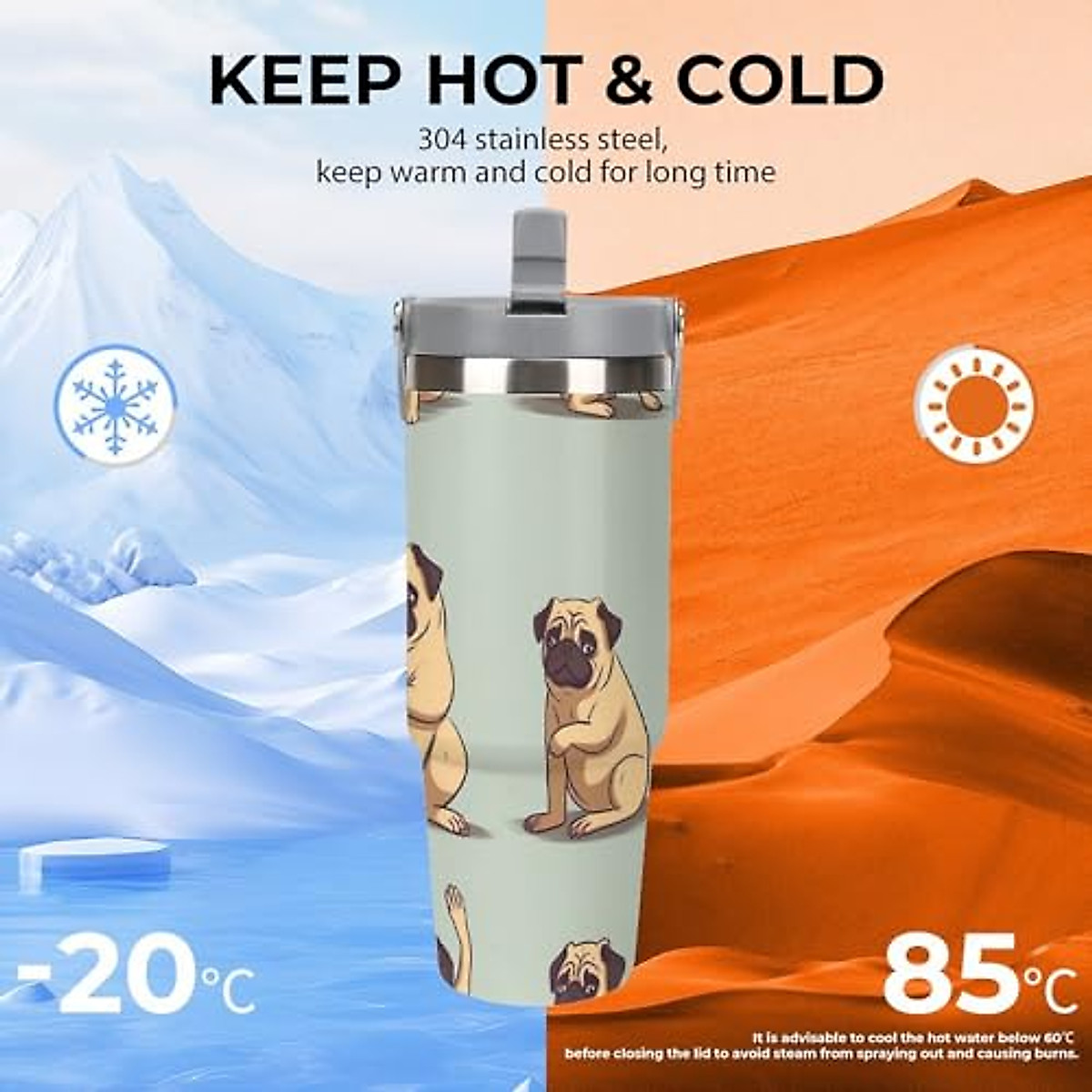 YTLKGFP 30 Oz Large Capacity Car Cup Yoga Pug Tumbler with Handle Straw Lid Insulated Stainless Steel Water Bottle Travel Mug Leak-proof Car Cup Keeps Cold Or Hot