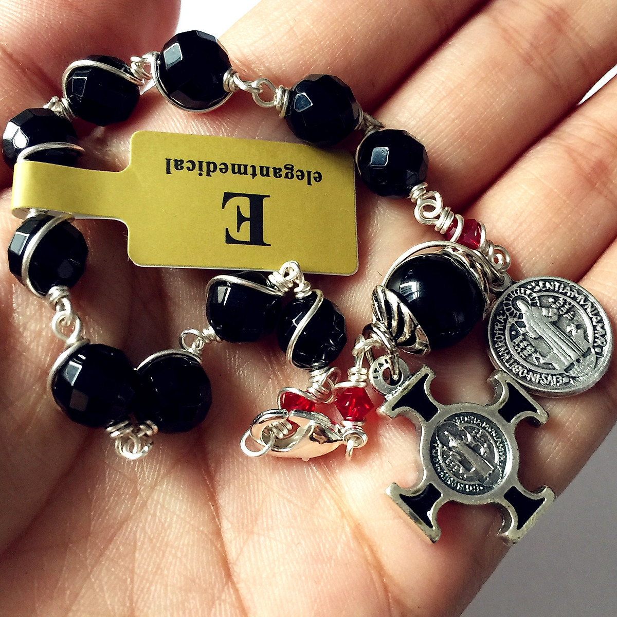 elegantmedical HANDMADE SILVETR Wire Wrap Black Agate Prayer Beads Bracelet Rosary Cross Catholic