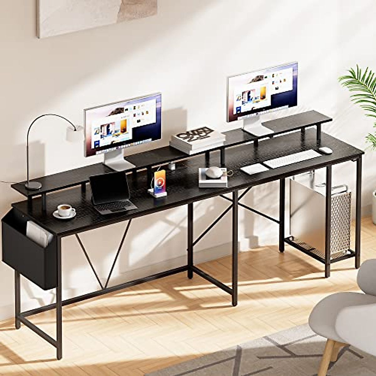 PRAISUN L Shaped Computer Desk with Power Outlets & LED Lights, Corner Gaming Desk with Fabric Storage Bag, Monitor Shelves, Home Office Desk with Hooks, Host Shelf, L Shape Gaming Desk, Black