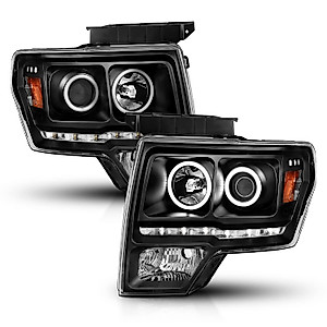AmeriLite for 2009-2014 Ford F150 Pickup Xtreme LED Halos Black Projector Replacement Headlights Set - Passenger and Driver Side