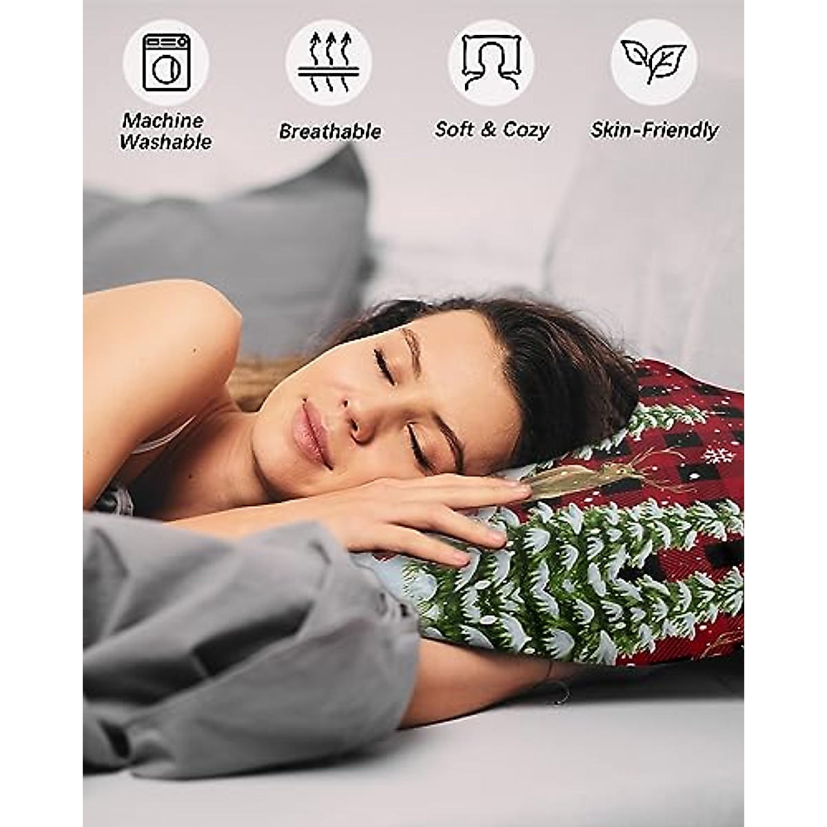 Edwiinsa Snowy Red Truck Pillow Covers Standard Size Set of 2 Bed Pillow, Plush Soft Comfort for Hair/Skin Cooling Pillowcases with Envelop Closure 20x26 Inches Christmas Tree Deer Buffalo Plaid