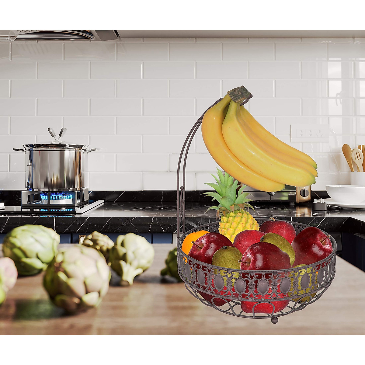 ROSYLINE Fruit basket Bowl, with Banana Hanger Suitable for kitchen, dining table decoration and storage (brown)