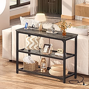 Ecoprsio Console Table with Outlets, Sofa Table with Double Mesh Shelves, Industrial Entryway Table Foyer Table for Entryway, Front Hall, Hallway, Sofa, Couch, Living Room, Coffee Bar, Kitchen, Grey