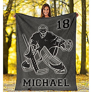OhaPrints Custom Dark Grey Hockey Blanket Hockey Boy Player Personalized Name Number Soft Sherpa Throw Blankets Cozy Fuzzy Fleece Throws for Tv Sofa Couch Comfy Fluffy Blanket 30X40 50X60 60X80