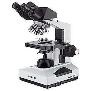 AmScope B490 Compound Binocular Microscope, WF10x Eyepieces, 40X-1000X Magnification, Brightfield, Halogen Illumination, Abbe Condenser, Double-Layer Mechanical Stage, Sliding Head, High-Resolution Optics, Anti-Mold