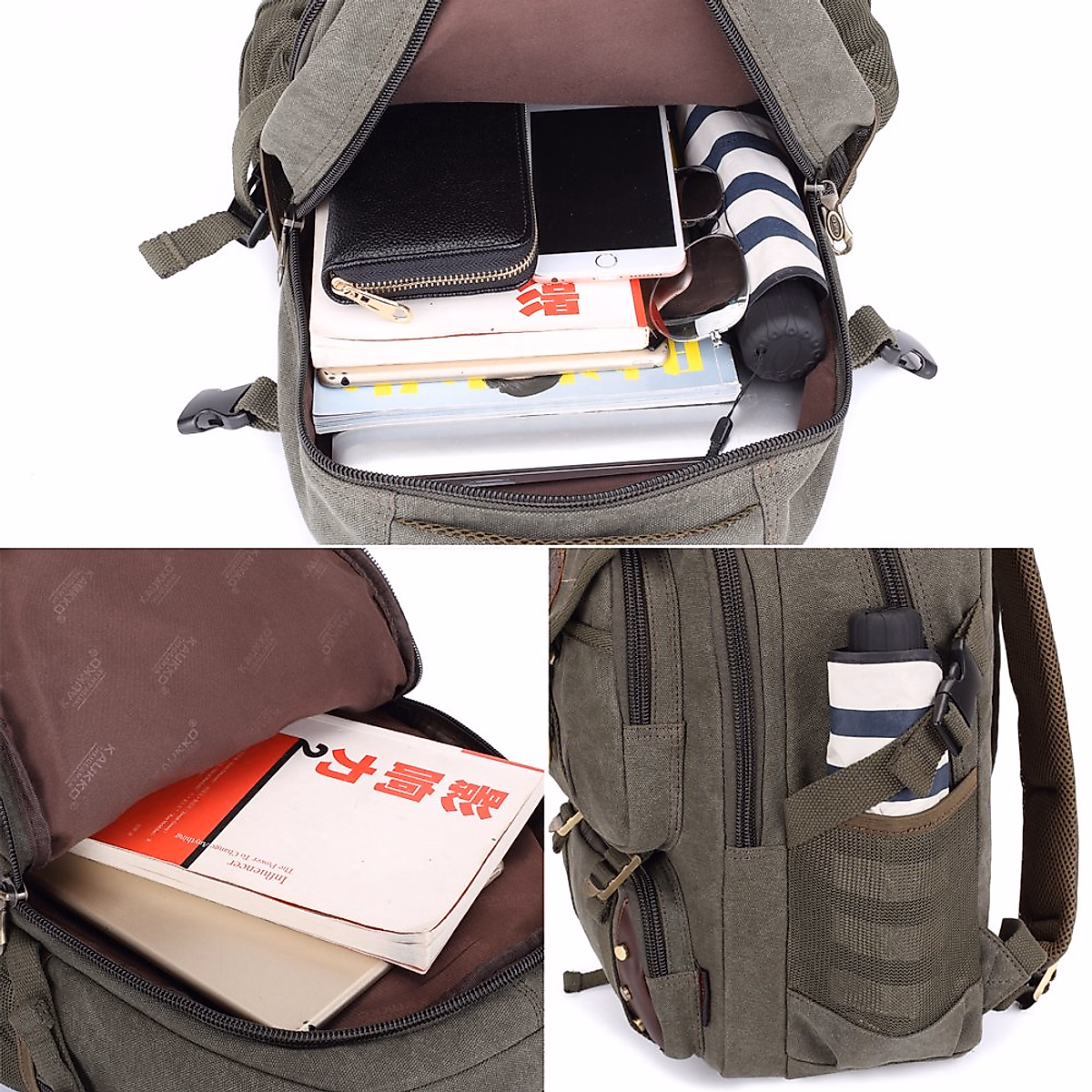 KAUKKO Canvas Backpack Vintage Causal Rucksack Unisex Backpacks for Travel Camping Hiking Army Green