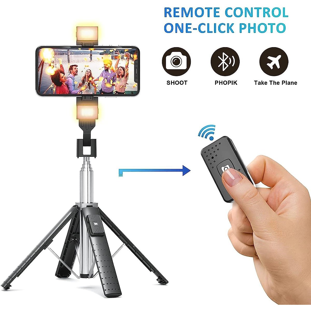 41” Selfie Stick Tripod Quadrapod with 2 Rechargeable Fill Light, Extendable Tripod with Bluetooth Remote, Stainless Steel, 3 Light Modes, 9 Brightness Levels, Compatible for All iPhone & Android