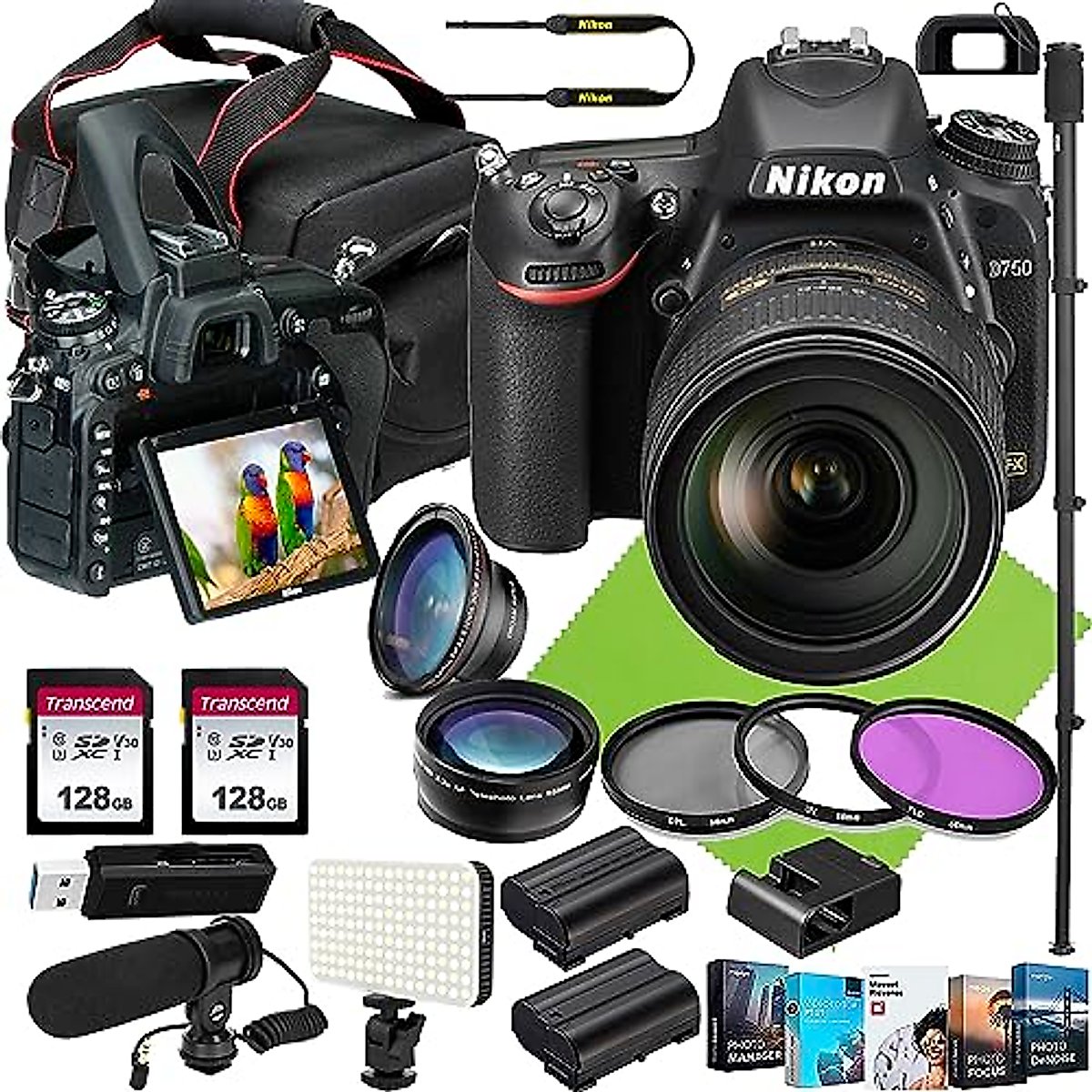 Nikon D750 DSLR Camera with 24-120mm Lens+Case+Lens Filters+Commander Starter Kit+Case+2x128 GIG Memory+LED Light+Monopod+Shot-GunMicrophone(29PC) Bundle (Renewed)