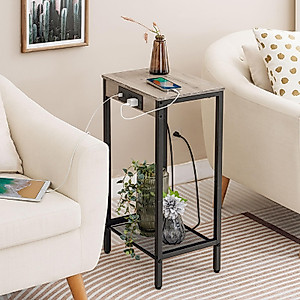 HOOBRO Tall Side Table with Charging Station, 28.7" H Industrial Telephone End Table, Small Entryway Table, Tall Bedside Table for Living Room, Hallway, Bedroom, Office, Greige BG08UDH01