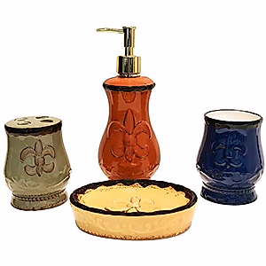 A.C.K. Trading Co. Tuscany Fleur De Lis Hand Painted Ceramic,4-Piece Ceramic Bathroom Accessories Soap Dispenser, Toothbrush Holder, Toothbrush Cup, Soap Dish, 82010 by ACK