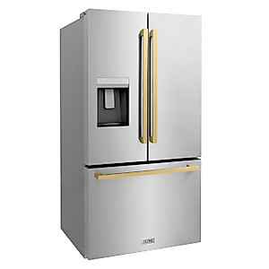 36 in. 28.9 cu. ft. Standard-Depth French Door External Water Dispenser Refrigerator with Dual Ice Maker in Fingerprint Resistant Stainless Steel and Champagne Bronze Modern Handles (RSMZ-W-36-FCB)