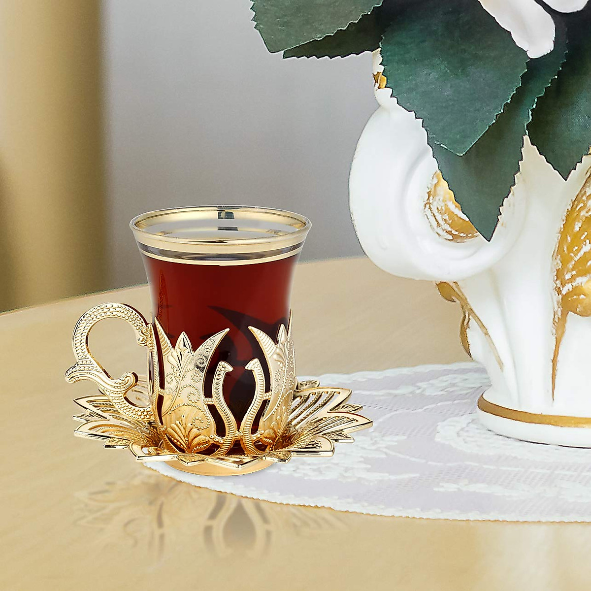 LaModaHome Golden Tea Set of 6 and Tray - Includes 6 Glasses, 6 Saucers Holders, and a Tray - VIP Special Serving Turkish Tulip - Arabic, Moroccan Coffee Sets - Cups and Mugs