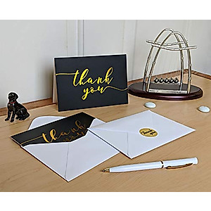 100 Thank You Cards in Black with Envelopes and Stickers - Quality Elegant Bulk Notes Embossed with Gold Foil Letters for Weddings, Graduations, Engagements, Business, Formal, Funeral, 4x6