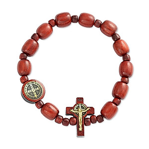Catholica Shop Catholic Religious Wear Elasticated Saint Benedict Medal Bracelet with Crucifix Cross Wooden Beads Decade Rosary Stretchable Bracelet Catholic Bracelets for Men and Women