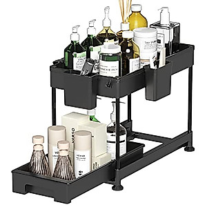 SPACELEAD Under Sink Organizers and Storage, Under Sliding Cabinet Basket Organizer, 2 Tier Under Sink Storage for Bathroom Kitchen with Hooks, Hanging Cup, The Bottom Can Be Pulled Out Black