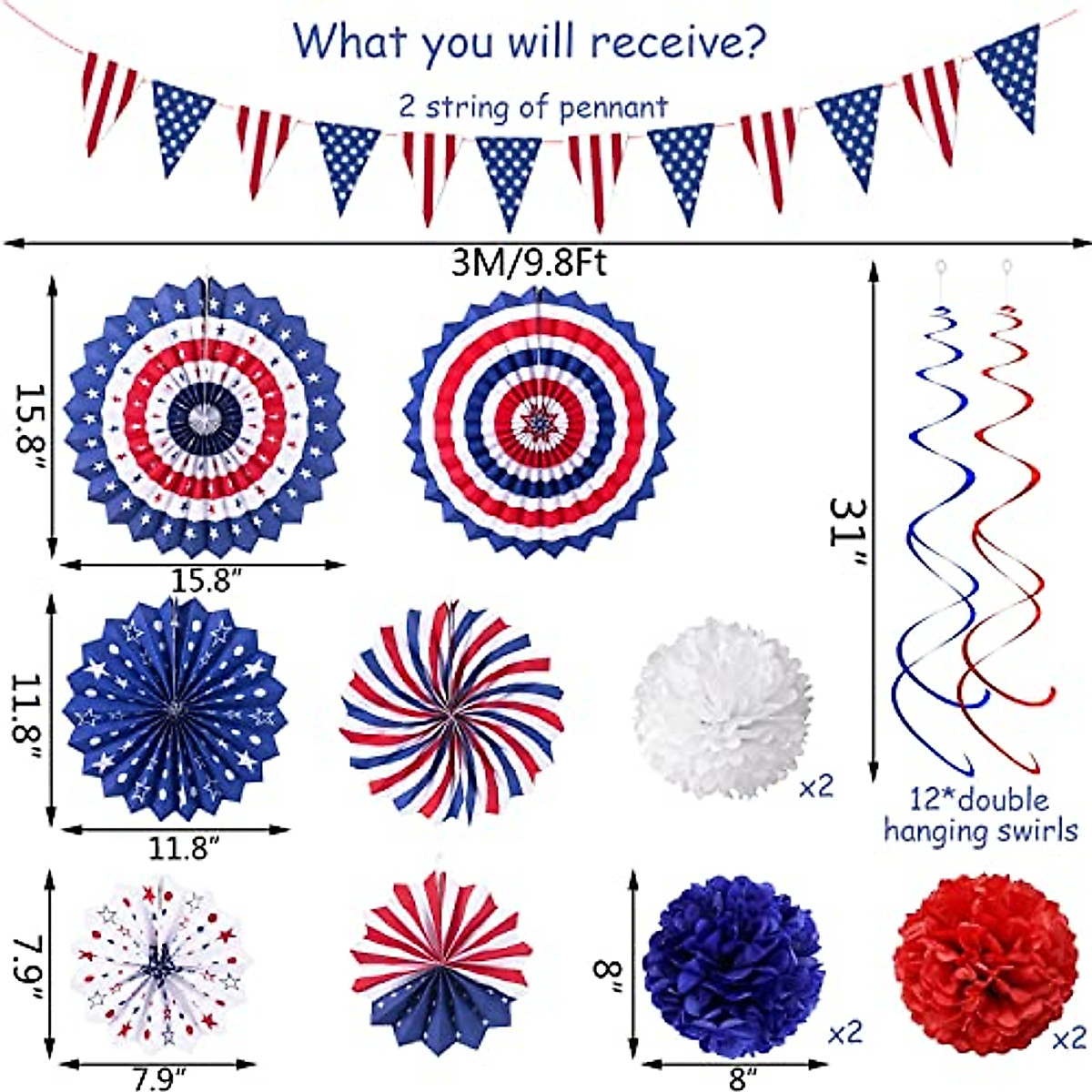26PCS Patriotic Party Decorations, 4th/Fourth of July American Flag Party Supplies Red White Blue Hanging Paper Fans, Tissue Paper Pom Poms, Star Streamers for American Theme Party