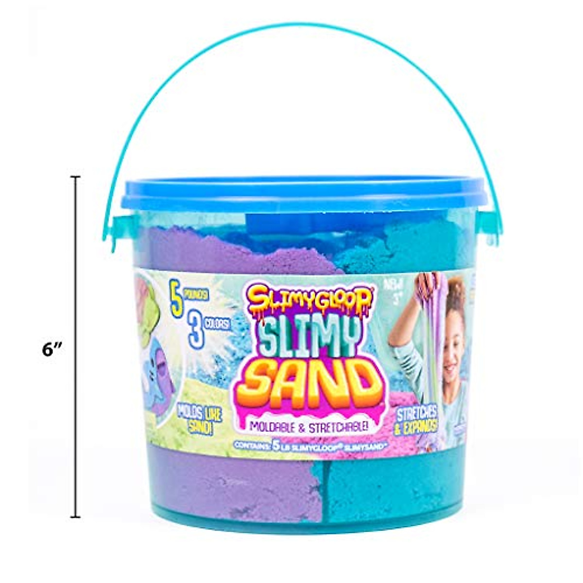 SLIMYSAND Bucket - 5 Pounds of Slimy Sand in 3 Colors (Blue, Green, Purple) - Cotton Candy Sand Play Set with 3 Molds and Reusable Bucket for Storage - Super Stretchy & Moldable Cloud Slime
