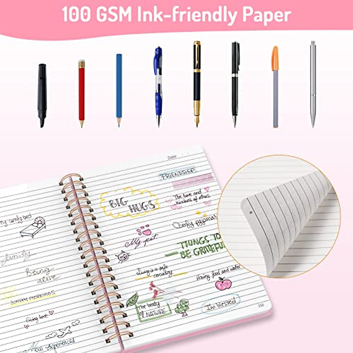 Forvencer Lined Spiral Journal Notebook with 300 Numbered Pages, B5 College Ruled Thick Journals for Writing with 100GSM Paper, Hardcover Notebooks with Contents for Work, School, Women, Men, Pink