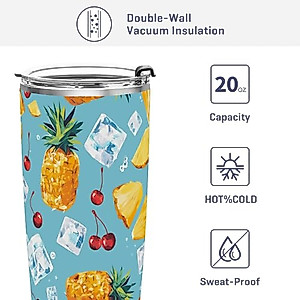 sanluoli Summer Fresh Fruits Blue Stainless Steel thermal cups with Straw Leak Resistant Flip coffee mug for Home, Office or Car Aesthetic tumblers with lids 20 OZ