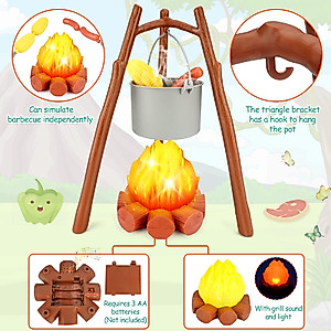 REZUCREY Kids Camping Toys Set, Pretend Play with Campfire, Pretend Cutting Food for Play Kitchen Camping Gear for Kitchen Indoor Outdoor Camping Toys for Kids Toddlers Boys Age 3 4 5 6 7 8+