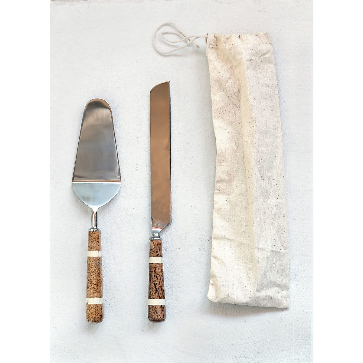 Creative Co-Op Stainless Steel Cake Knife & Server with Wood & Horn Inlay Handle and Bag (2 Pieces)