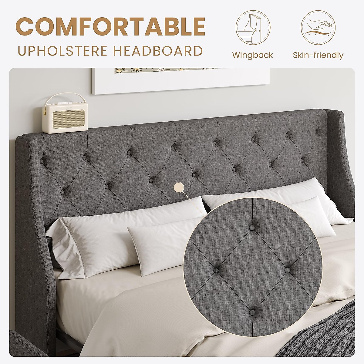 SHA CERLIN King Size Platform Bed Frame with 4 Storage Drawers and Wingback Headboard, Diamond Stitched Button Tufted Design, No Box Spring Needed, Light Grey