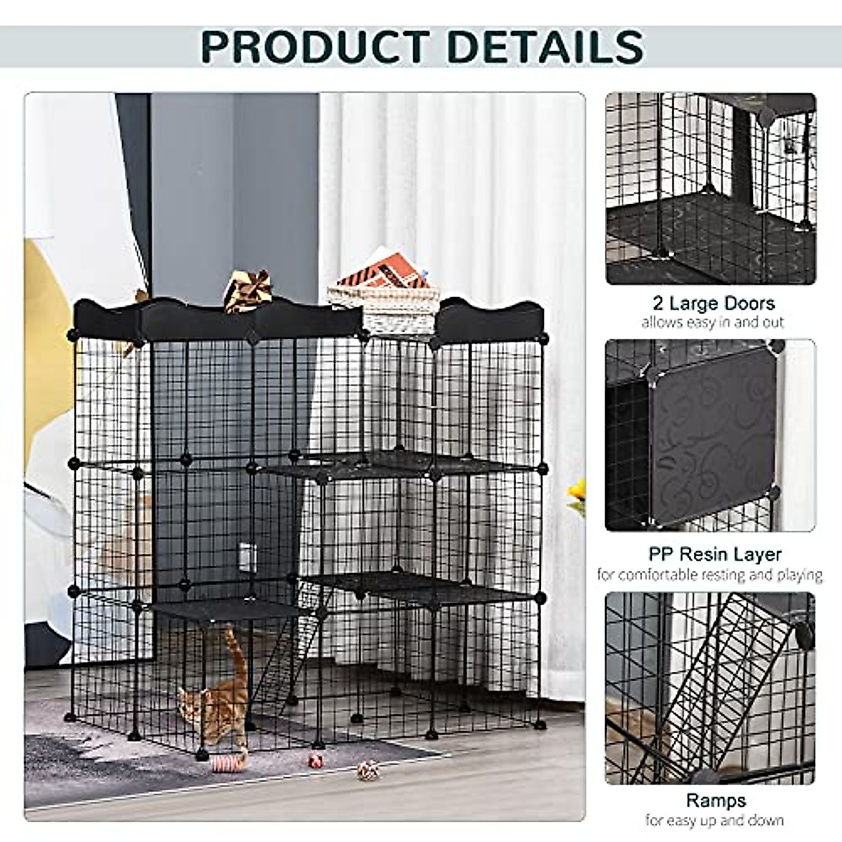PawHut Pet Playpen Small Animal Cage Portable Metal Wire Yard Fence with Door, Ramp, Platform for Kitten, Ferret