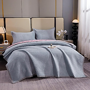 Mengersi Velvet Quilt Set Queen Size, Lightweight Waffle Comforter Set, Oversized Bedspread Coverlet Quilted Blanket Bedding Set, with 2 Matching Pillow Shams for All Season (Gray, Twin)