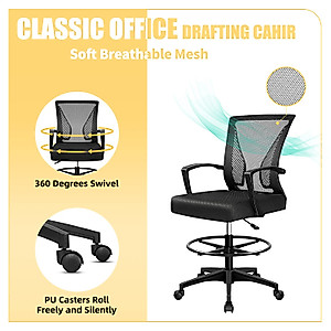 Furmax Drafting Chair Tall Office Chair with Ergonomic Back Drafting Table Chair Adjustable Standing Desk Chair with Footrest Ring and Arms
