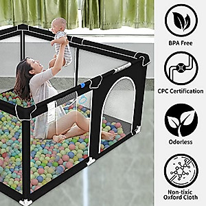 JUSONEY Baby Playard,Baby Playpen with Mat,50”×50” Baby Playpen for Toddler with Gate, Indoor & Outdoor Playard for Kids Activity Center with Anti-Slip Base,Sturdy Safety,Soft Breathable Mesh-Black