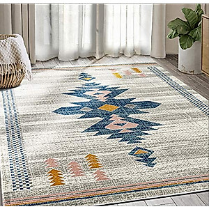 Abani Porto Collection 7'9" x 10'2" Southwestern Area Rug, Rectangular Turkish Beige & Blue Tribal Print Accent Rug Rugs