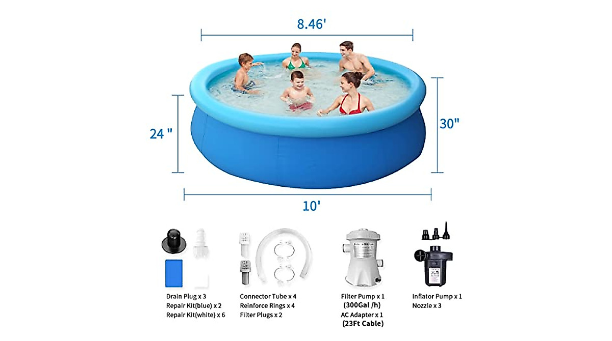 Inflatable Swimming Pool for Family with Filter Pump, Air Pump, 10 FT ...