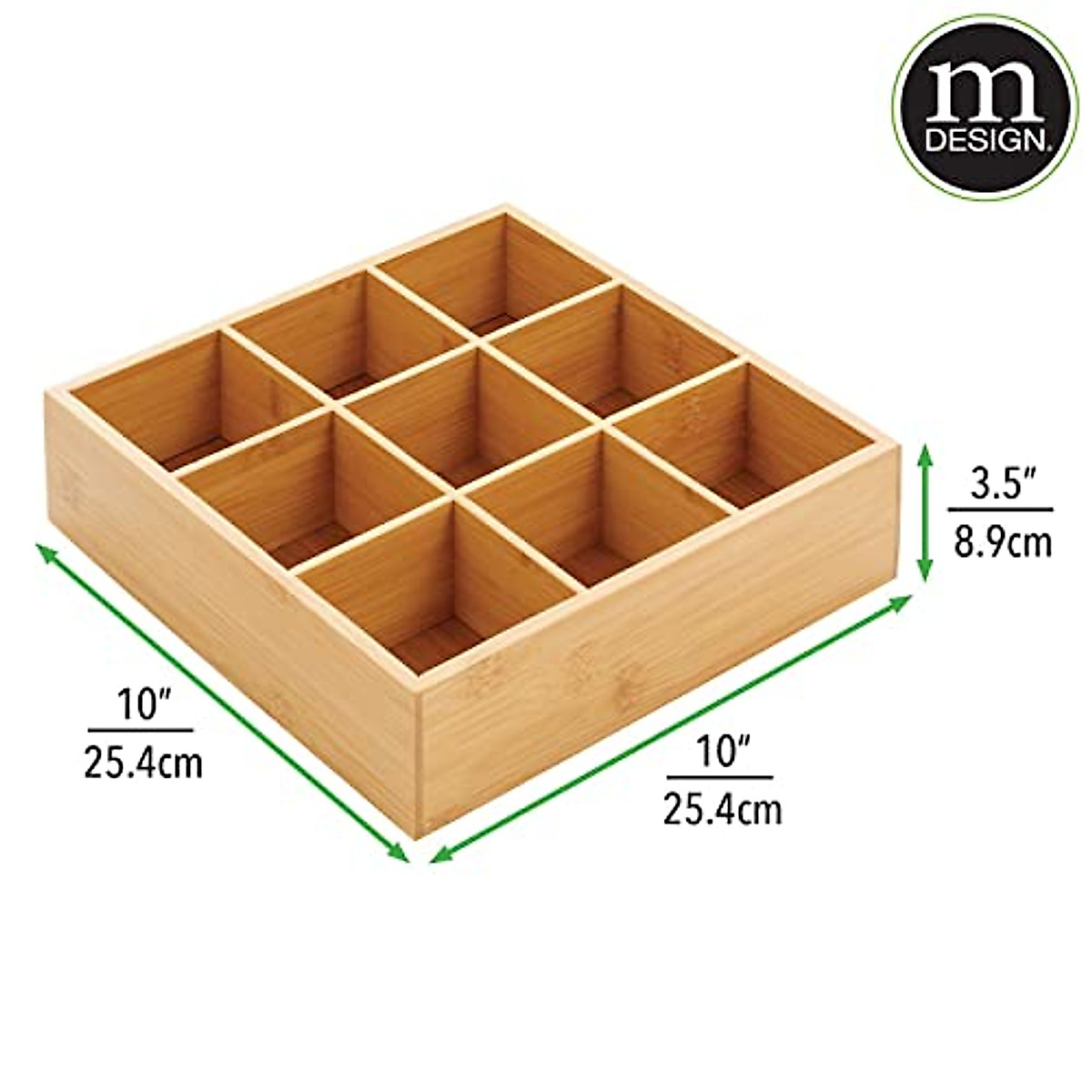 mDesign Bamboo Kitchen Pantry Storage Organizer Box - 9 Divided Sections, Open Top, Decorative Holder for Tea Bags, Snack Packets, Small Items, Accessories, Echo Collection - Natural Wood/Tan