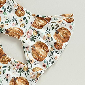 Kuriozud Newborn Baby Girl Bell Bottom Outfit Ribbed Ruffle Long Sleeve Romper Cute Bow Pumpkin Flare Pants Set Headband Infant Fall Clothes (Pumpkin Mustard Yellow, 3-6 Months)