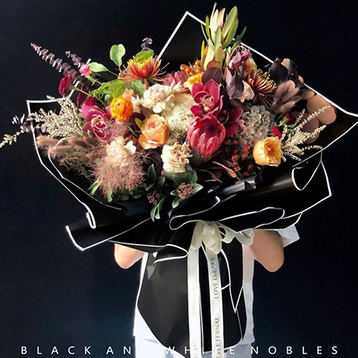 40 Sheets black and white aristocratic border Flower Wrapping Paper ，Waterproof Thicken Florist Bouquet Packaging Paper， Gift or Gift Box Packaging Paper 22.8 x 22.8 inch(Dark Black + Porcelain White)