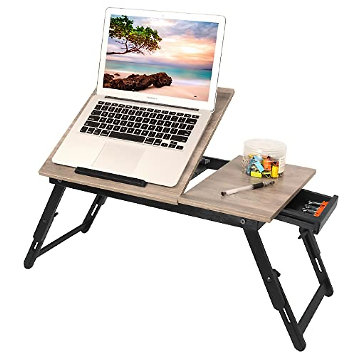 JMLHMXC Bamboo Laptop Desk Bed Tray Table Adjustable Table for Computer Tilting Top Foldable Leg with Drawer