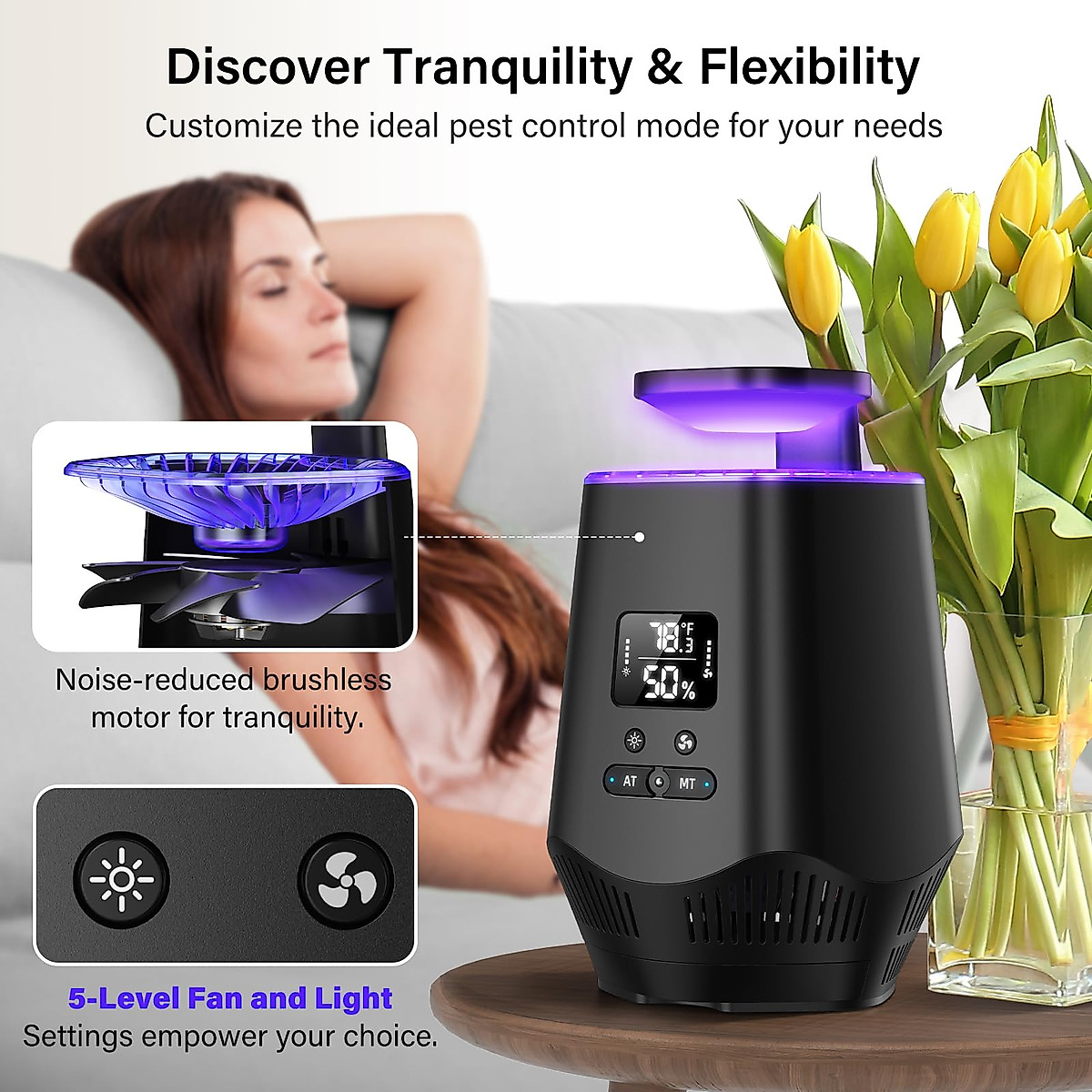 Fooxem Fruit Fly Traps for Indoors, Smart Flying Insect Trap with Temperature and Humidity Sensor, Bug Catcher Ligth for Home House Plants Gnats Moths Mosquitos Pest Control with Sticky Boards