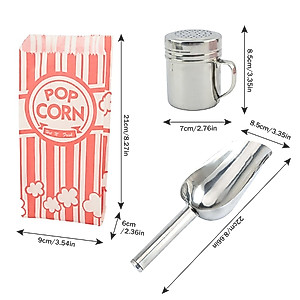 203 PCS Popcorn Machine Supplies Set, 200 PCS Popcorn Paper Bags with Popcorn Scoop, 2PCS Season Salt Shaker, Popcorn Supplies for Popcorn Machine