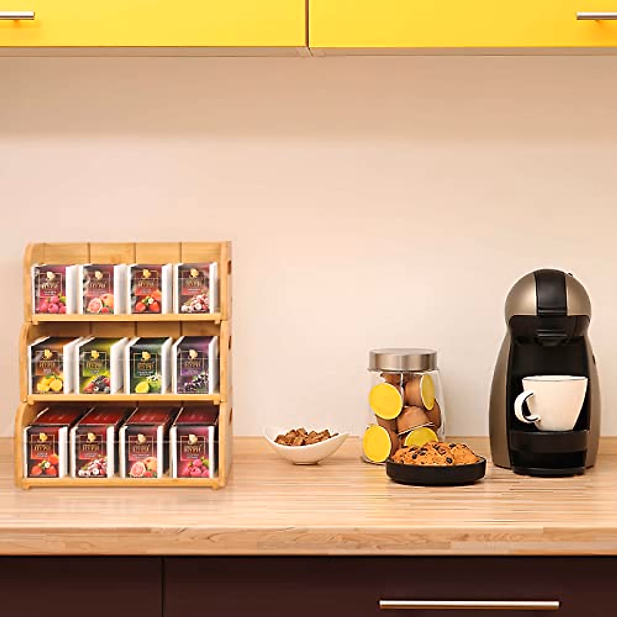 Bamboo Tea Bag Organizer, 3-Tier Tea Bag Holder Storage Organizer, Stackable Tea Packet Rack/Shelf, Tea Station Stand with Acrylic Partition for Counter, Cabinet and Pantry