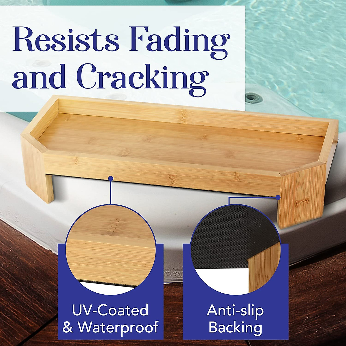 Impresa Bamboo Hot Tub Tray Table, Waterproof, UV-Coated Side Table Caddy with Anti-Slip Backing for Drinks, and Essentials, 17" x 7.5"