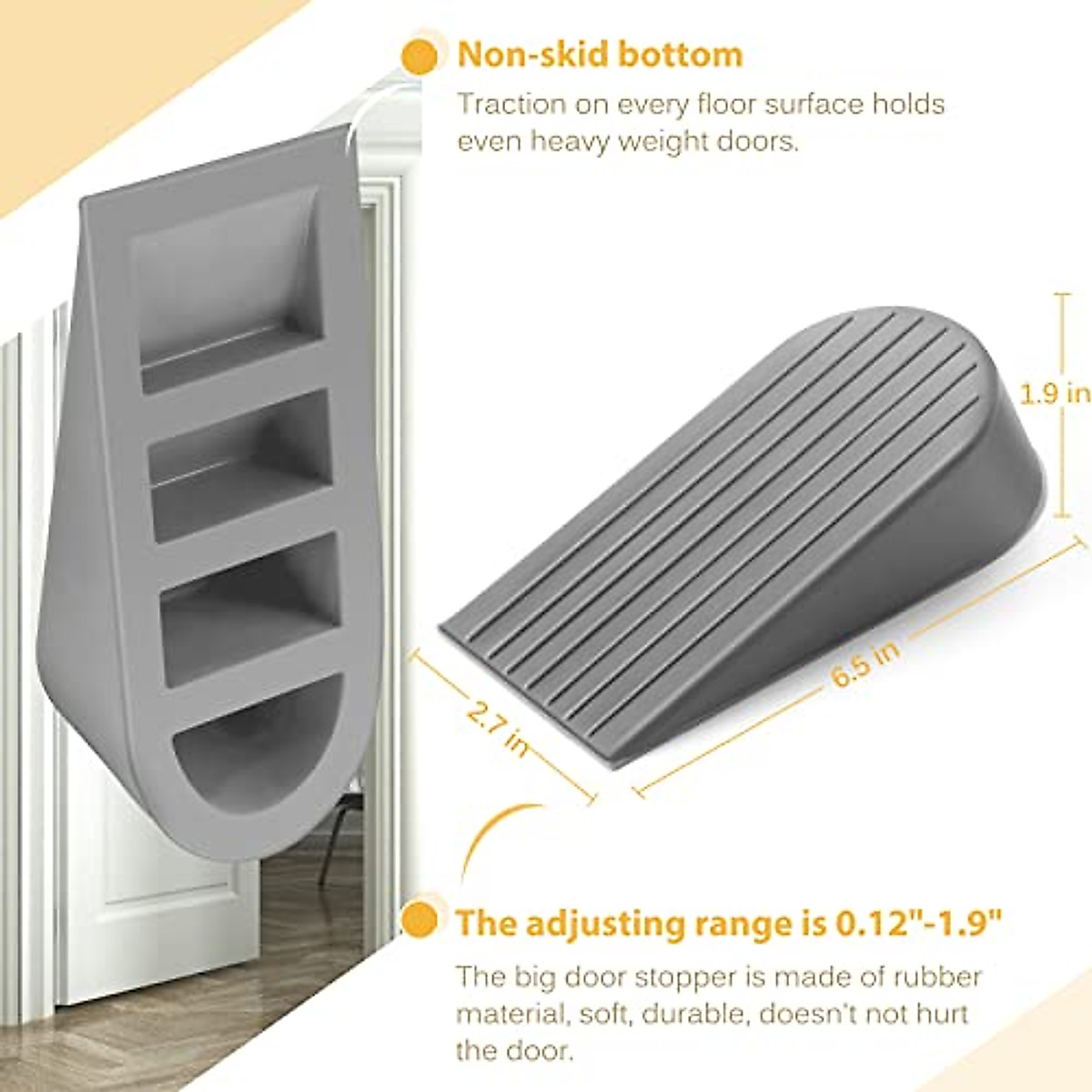 Large Doorstop 2 Pack, Heavy Duty Door Stoppers for Bottom of Door High 1.9 Inches, Rubber Industrial Door Stop, Wedge Door Stopper Great for Home Office School Heavy Door (Grey)
