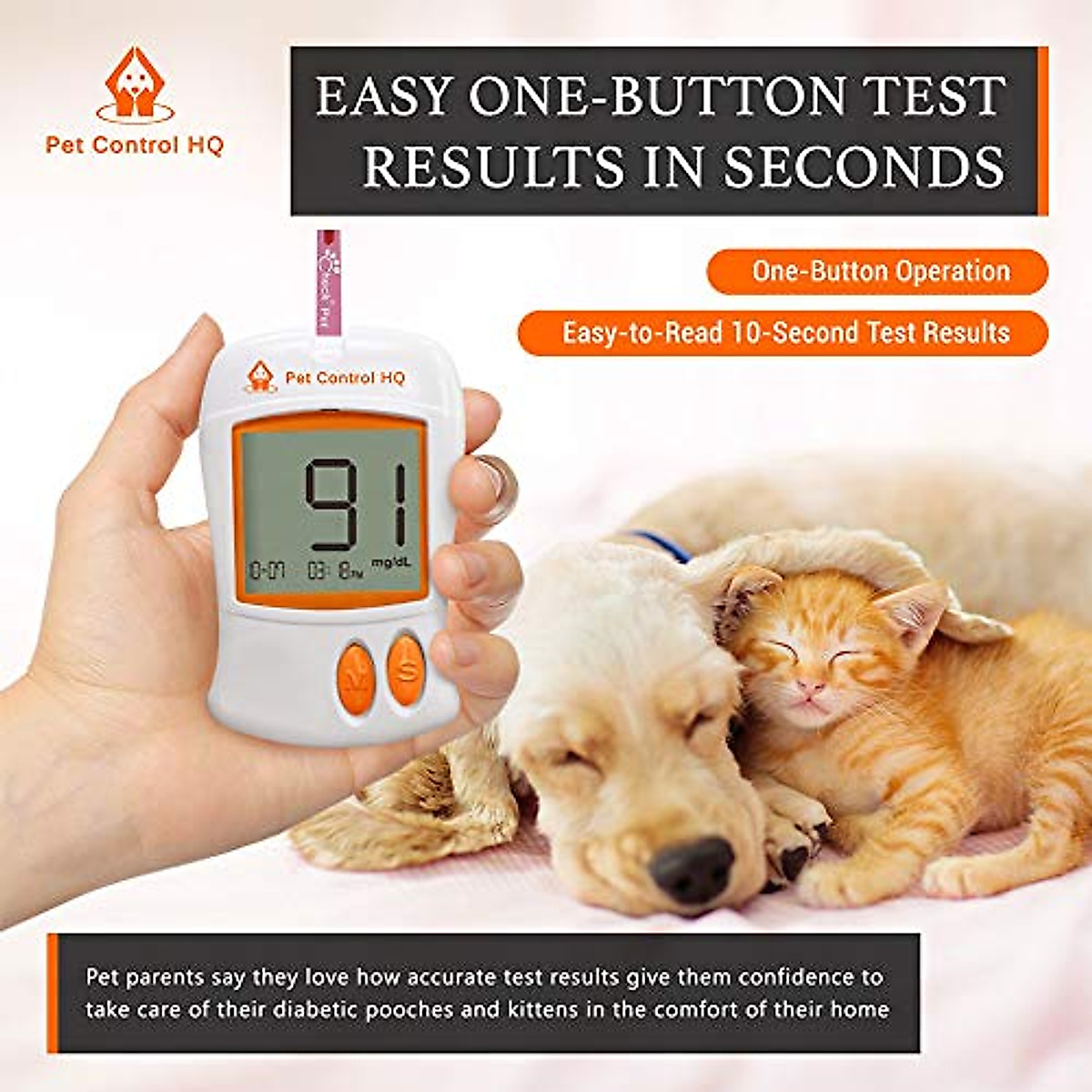 Pet Control HQ Blood Sugar Glucose Monitor System - Cat and Dog Glucose Monitoring Kit - Accurate Diabetes Testing 2 Calibrated Code-Chips, Lancets, Logbook - Monitor + 50 Test Strips