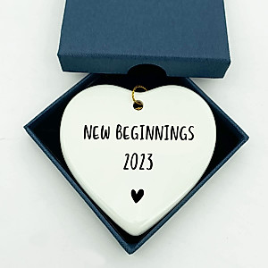 New Beginnings 2023, New Home, New House Keepsake, Home Ornament, Ceramic Keepsake, 2023 New Start, Friend Gift, 3 inch Flat Heart Ceramic with Gift Box