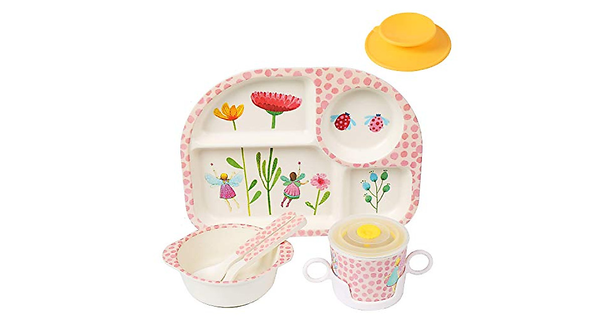 Shopwithgreen 7Pcs Bamboo Kids Dinnerware Set